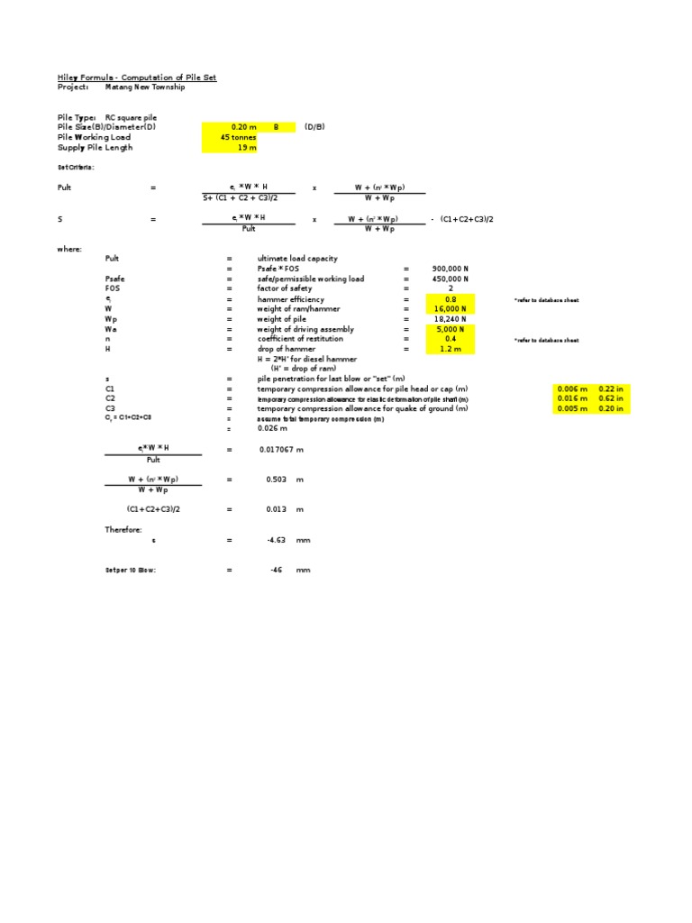 Hiley Formula For Driven Pile (Temp Comp) | PDF | Deep Foundation | Mechanical Engineering