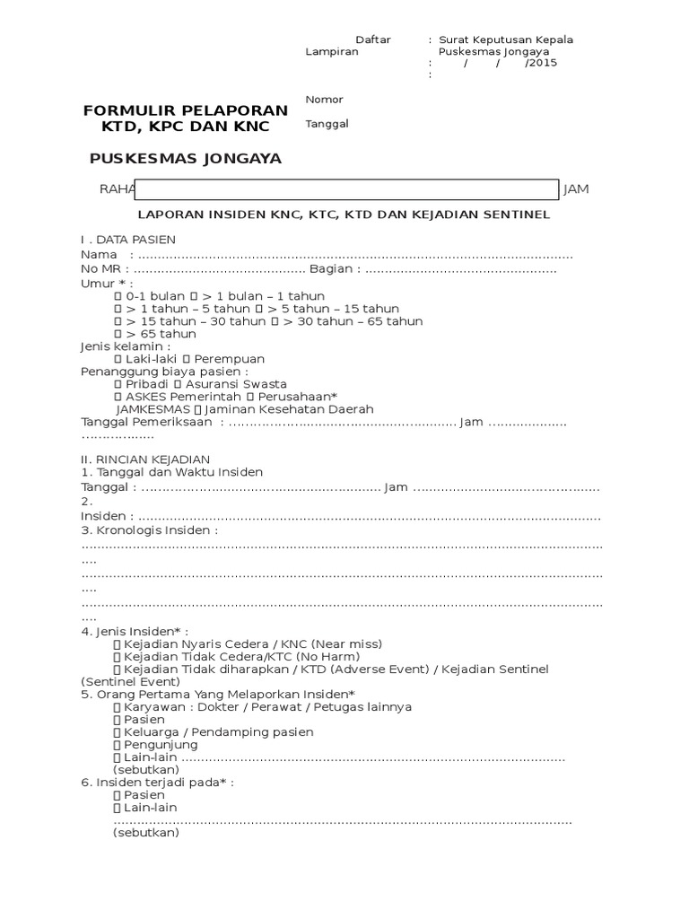 Formulir Pelaporan KTD, KPC, KNC | PDF
