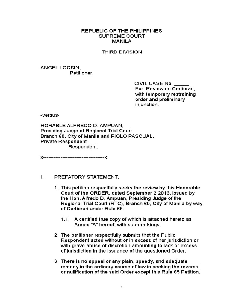 Certiorari Wiht Prayer For Issuance of TRO | PDF | Supersedeas Bond ...