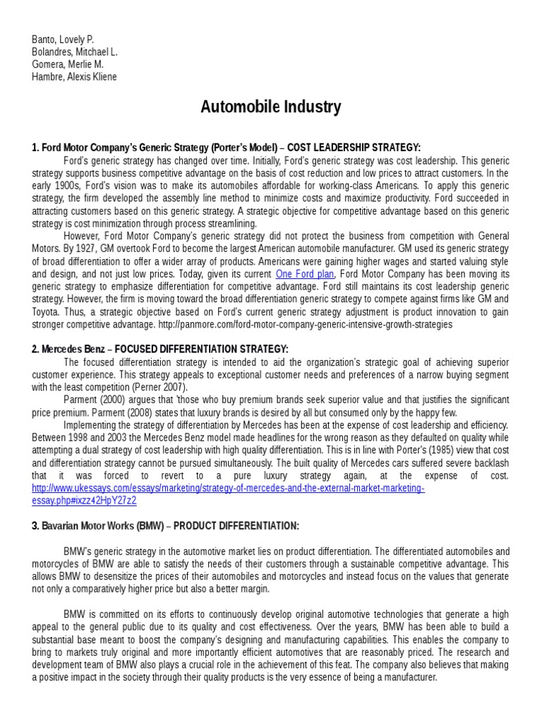 Generic Strategies of Major Automobile Companies: Cost Leadership ...