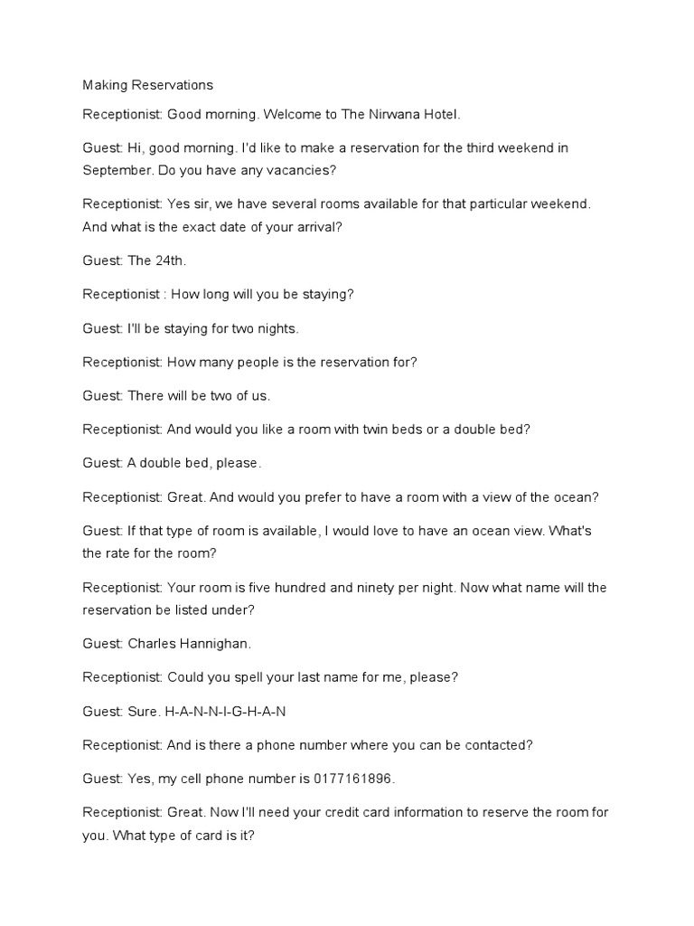 Reservation Dialogue Front Office | PDF