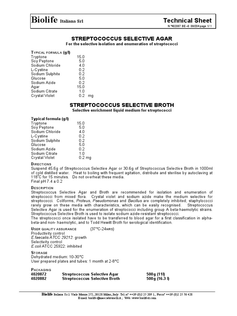 Biolife: Streptococcus Selective Agar | PDF