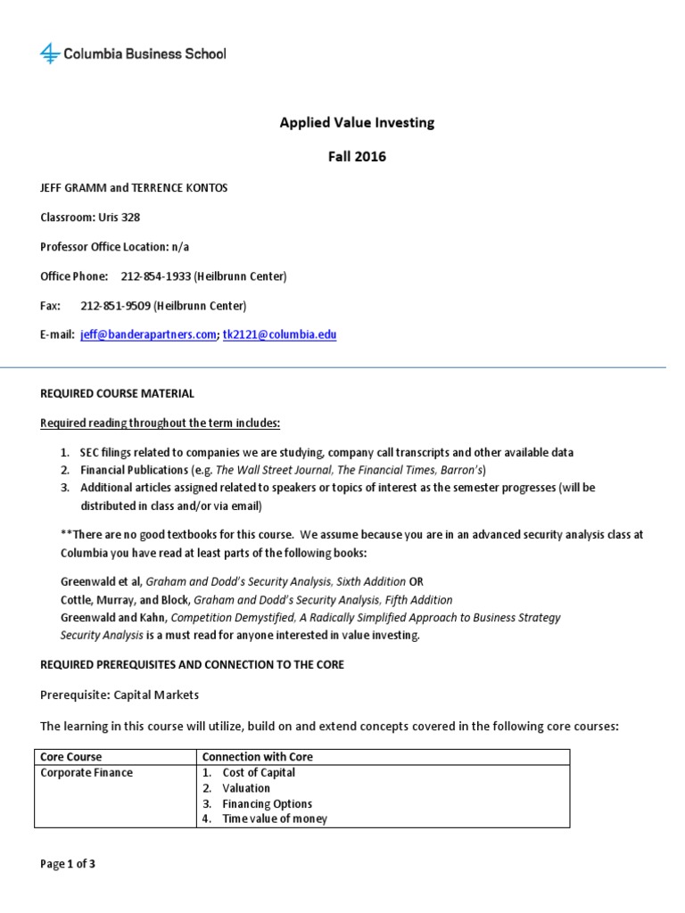 Applied Value Investing (Kontos, Gramm) FA2016 | PDF | Value Investing ...