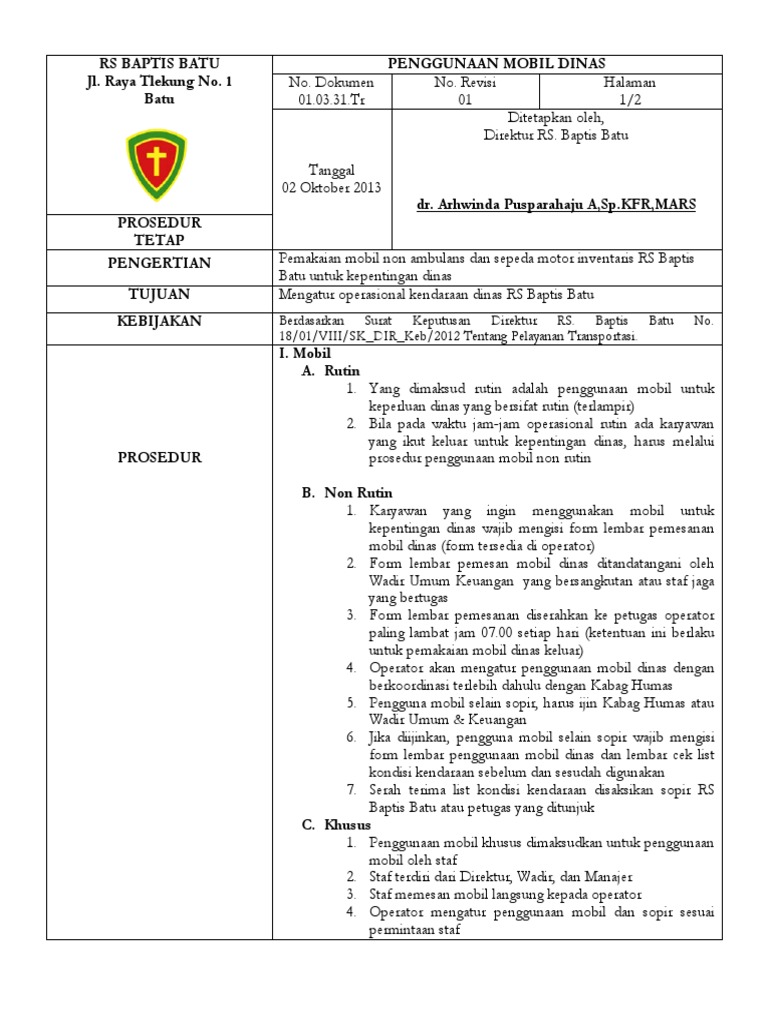 01.Tr.1. SOP Penggunaan Mobil Dinas | PDF