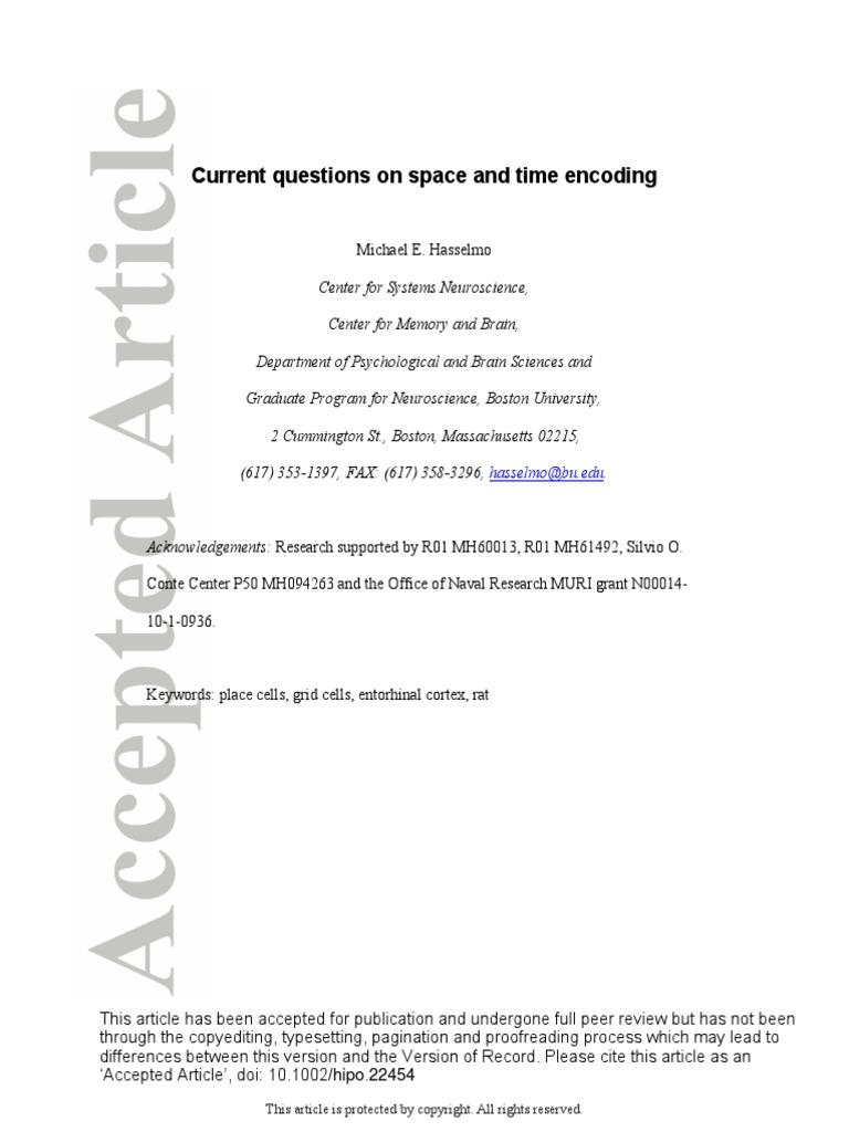 Current Questions On Space and Time Encoding: Michael E. Hasselmo | PDF ...