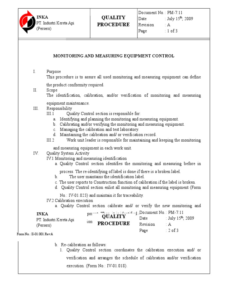 Monitoring and Measuring Equipment Calibration Procedures at PT ...