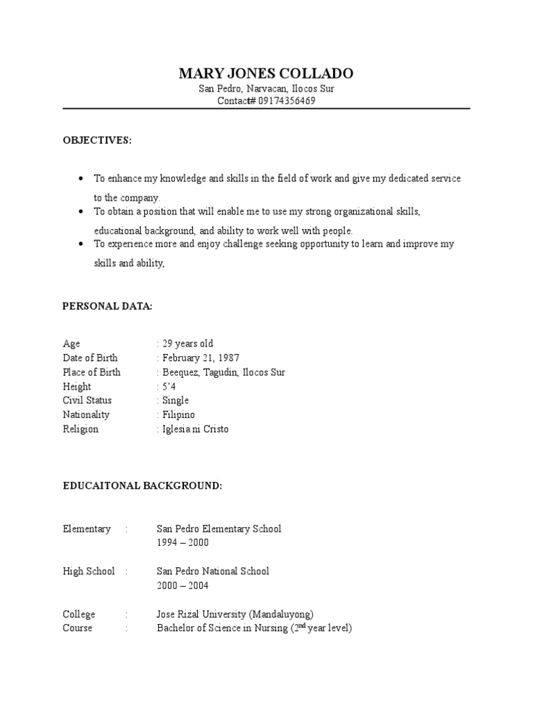 Mary Jones Collado: Objectives | PDF