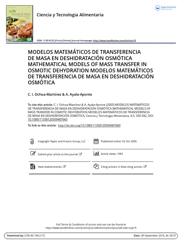 Modelos Matem Ticos de Transferencia de Masa en Deshidrataci N Osm Tica Mathematical Models of ...