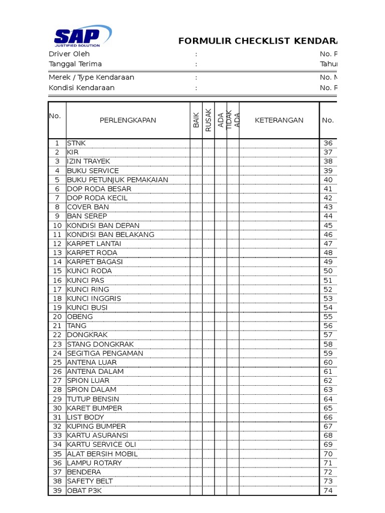 Form Checklist Kendaraan | PDF