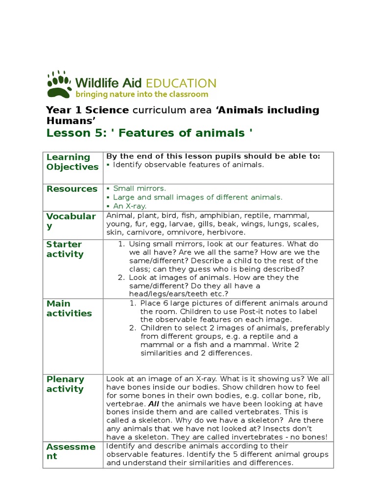 Features of Animals Lesson Plan | PDF | Self-Improvement | Science ...