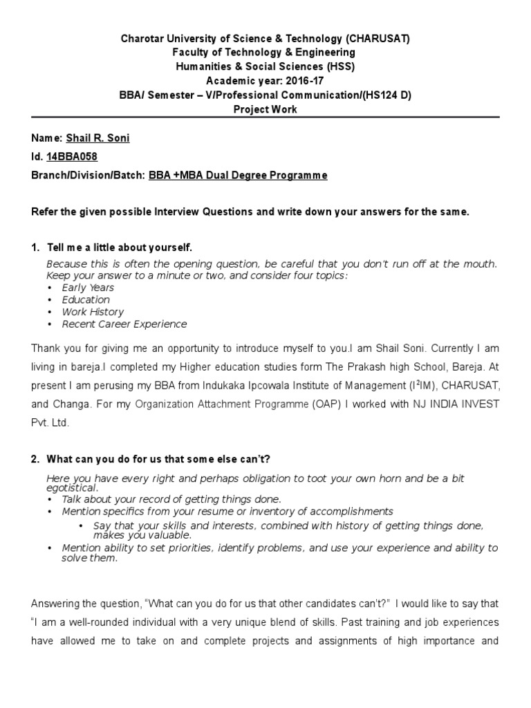 Charusat University BBA Student Interview Answers | PDF | Goal | Employment