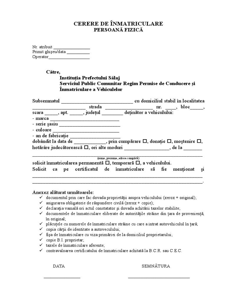 Cerere de Inmatriculare Persoana Fizica | PDF