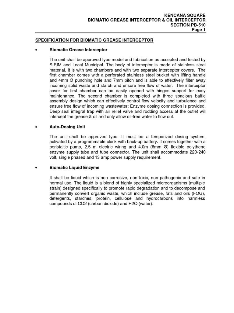 Biomatic Grease & Oil Interceptor Specs | PDF | Chemistry | Nature