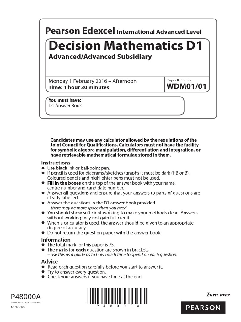 Decision Mathematics D1 Jan 2016 Question Paper | PDF | Mathematical Relations | Algorithms