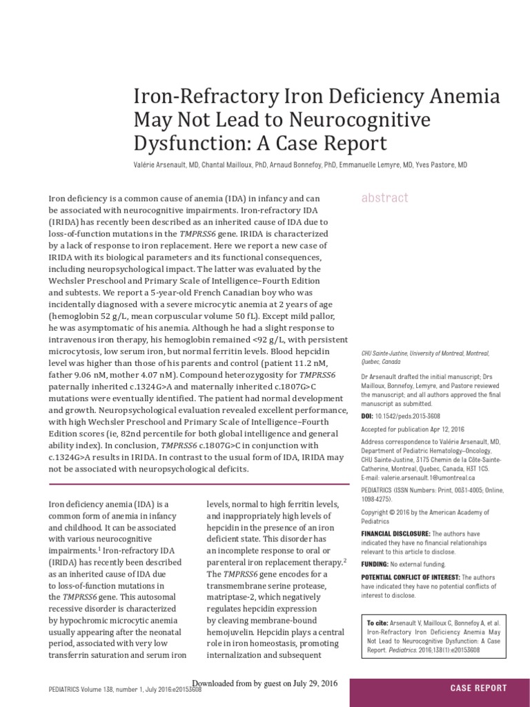 Iron-Refractory Iron Deficiency Anemia May Not Lead To Neurocognitive ...