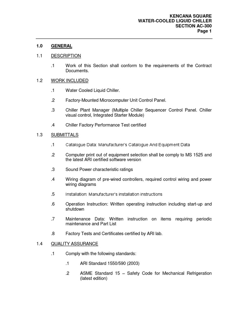 Specification for a Water-Cooled Liquid Chiller System for Kencana ...
