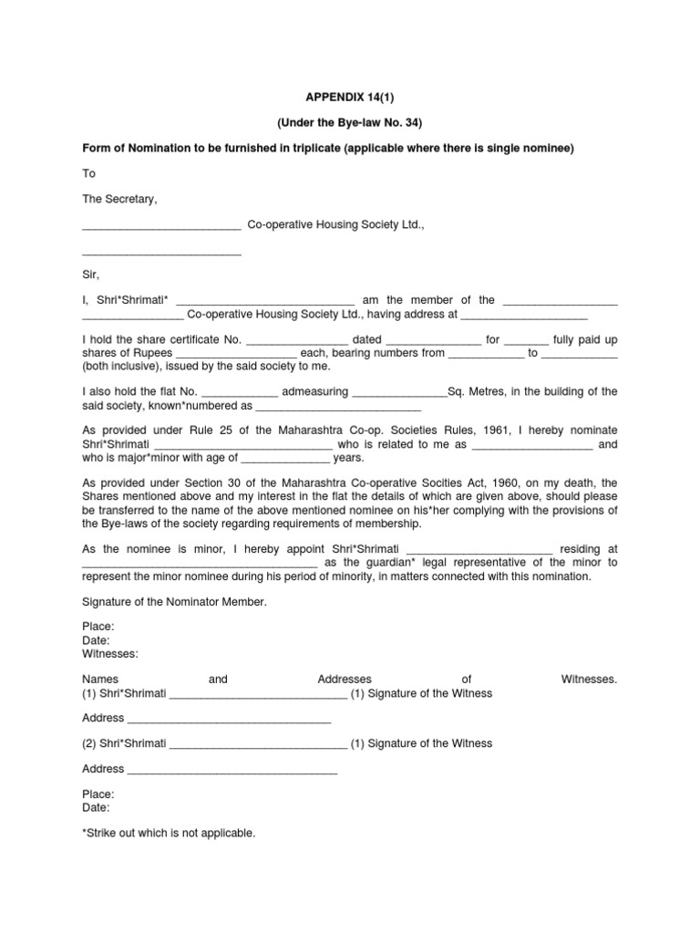 APPENDIX 14 (1) (Under The Bye-Law No. 34) Form of Nomination To Be ...