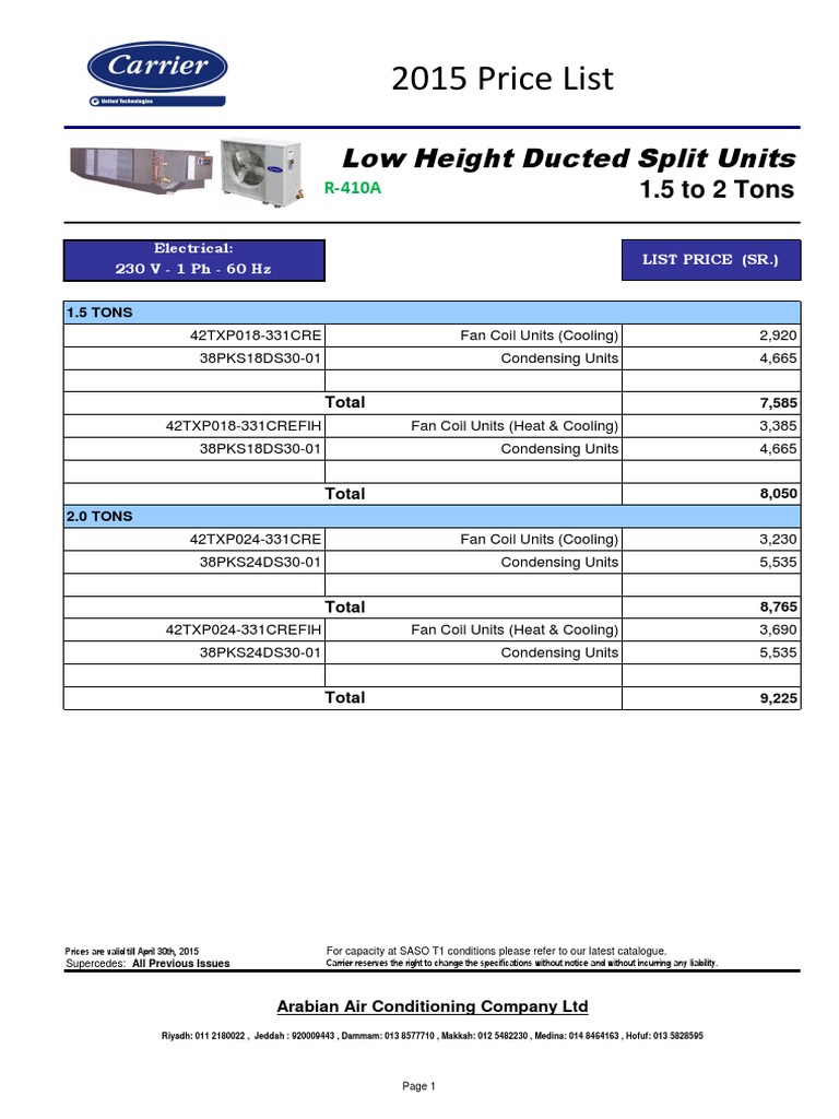 Carrier HVAC Price List 2015 | PDF | Hvac | Thermostat
