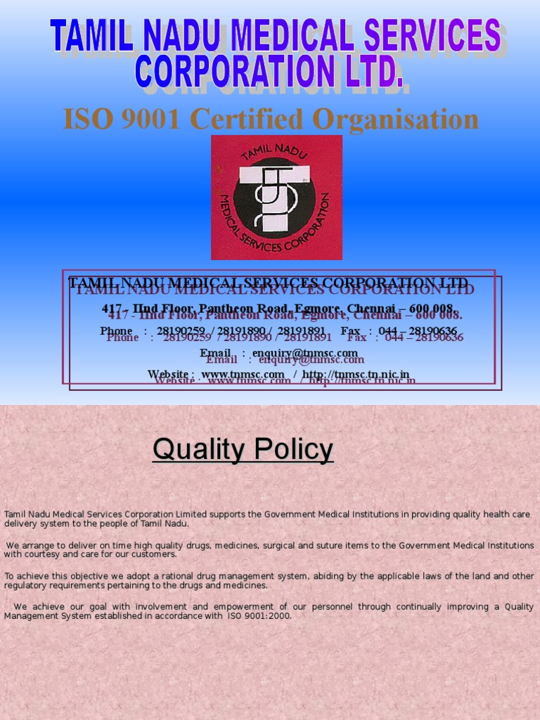 ISO 9001 Certified Organisation: Tamil Nadu Medical Services ...