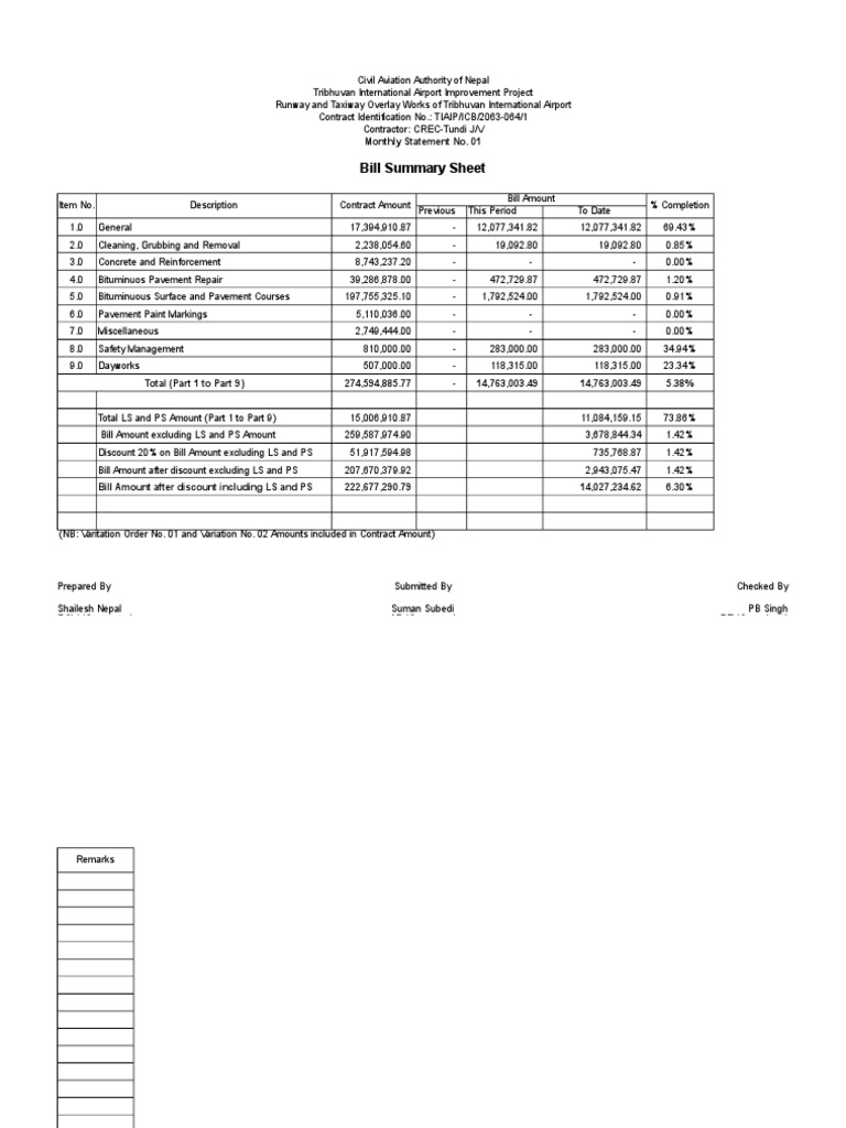 Bill Summary Sheet: Monthly Statement No. 01 | PDF