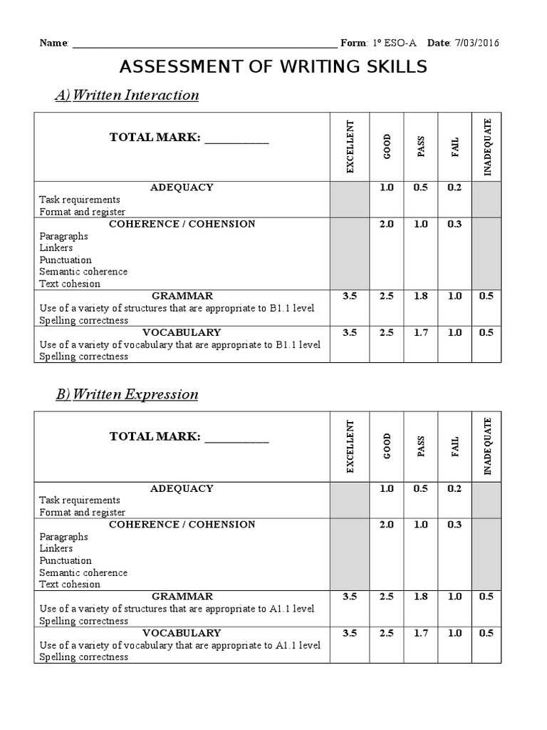 Writing Skills Assessment for 1º ESO-A | PDF