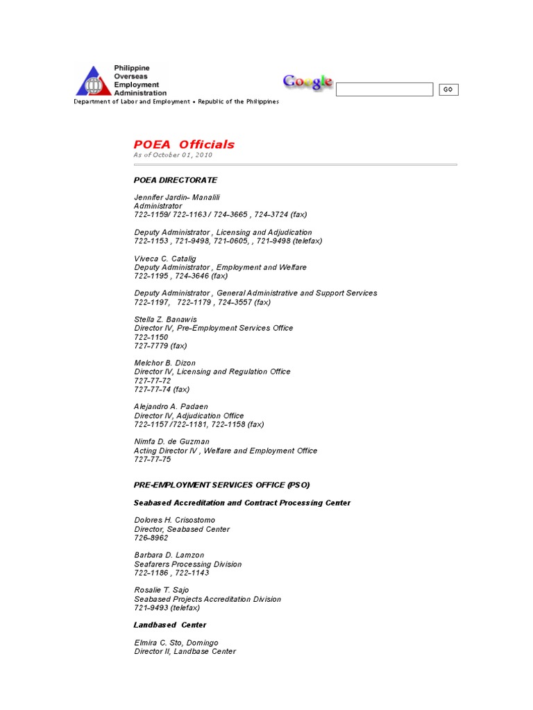 POEA Officials As of October 01, 2010: A Comprehensive Listing of Key ...