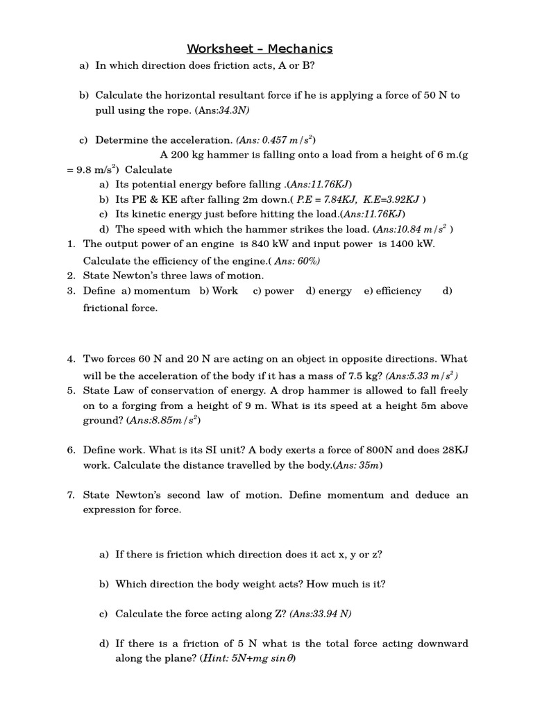 Worksheet - Mechanics: Ans:34.3N | PDF