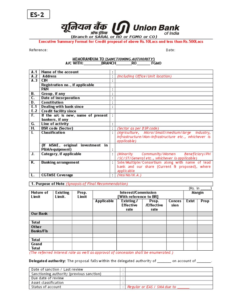 Executive Summary Format For Credit Proposal of Above Rs.10Lacs and ...