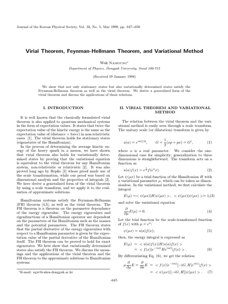 Virial Theorem, Feynman-Hellmann Theorem, and Variational Method | PDF | Calculus Of Variations ...