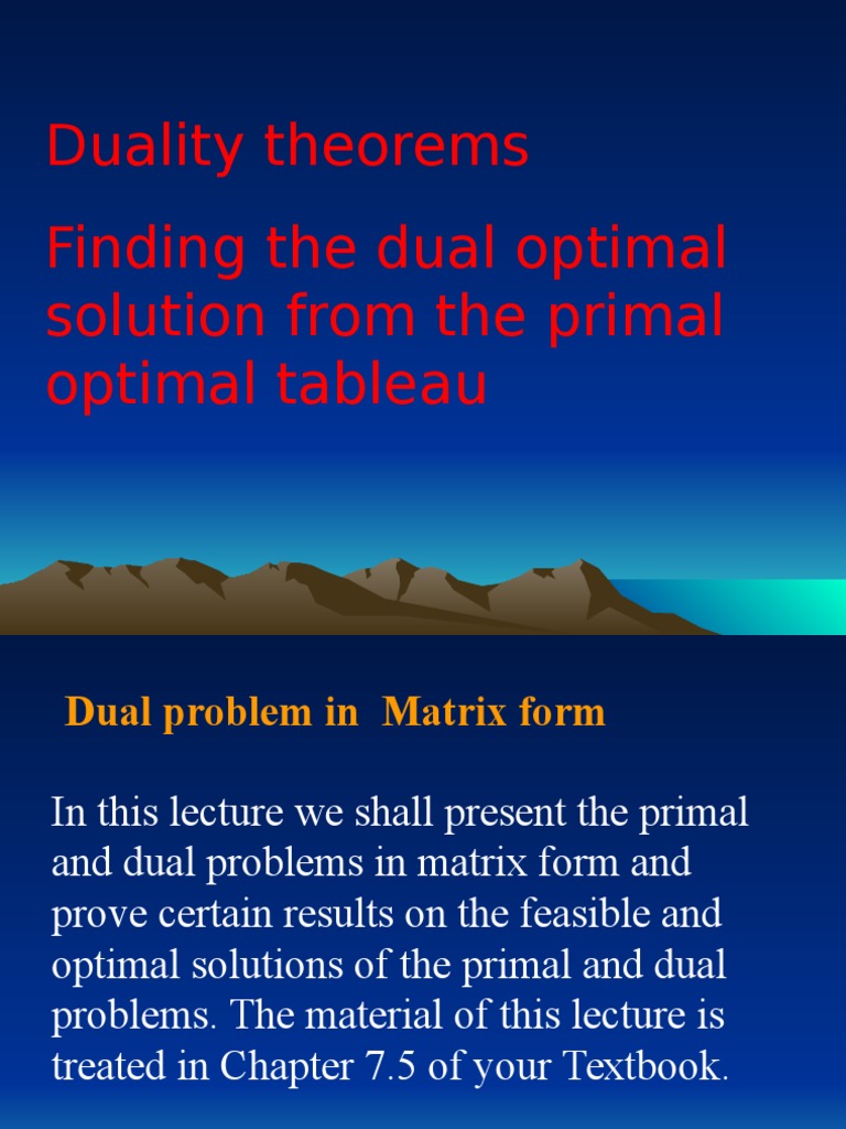 Duality Theorems Finding The Dual Optimal Solution From The Primal ...