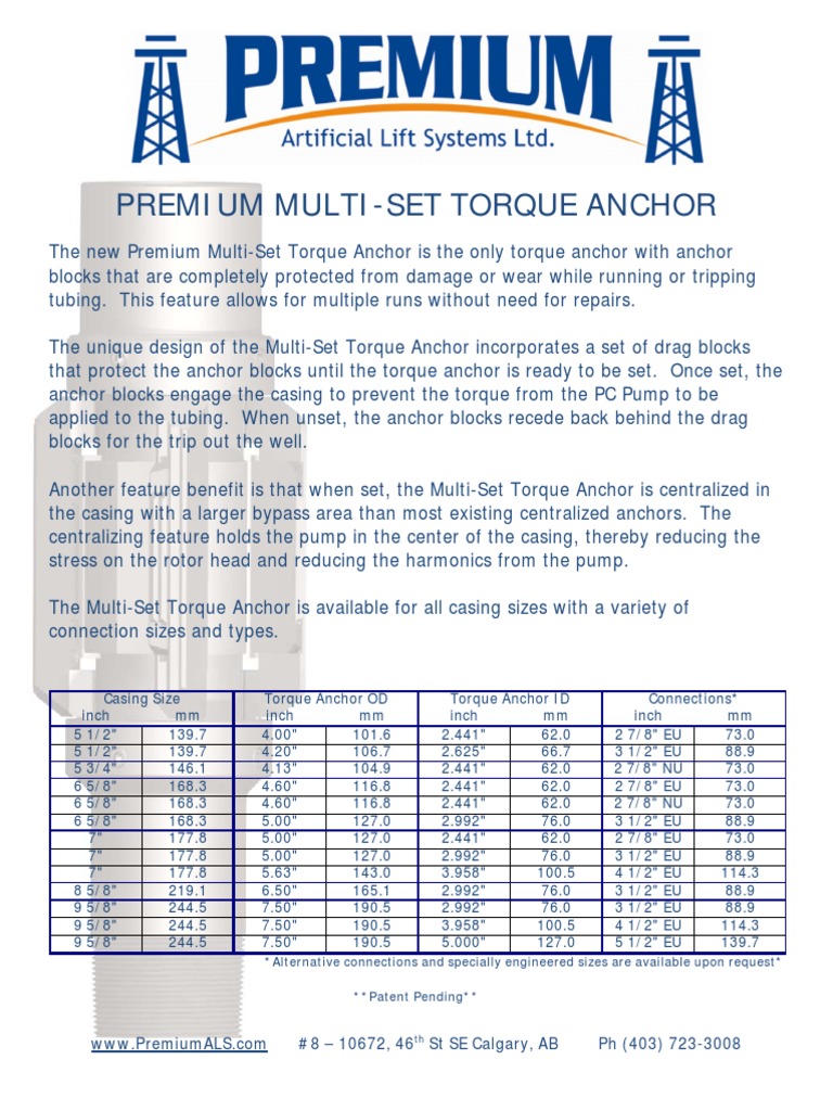 Premium Multi-Set Torque Anchor: #8 - 10672, 46 ST SE Calgary, AB PH ...