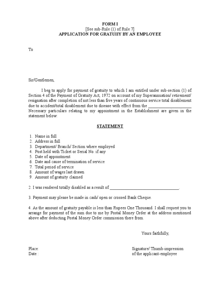 FORM I (Application For Gratuity by An Employee) | PDF