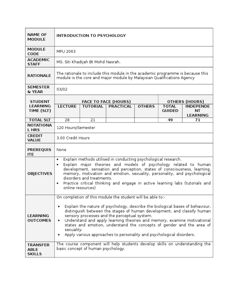 MPU 2063 Introduction To Psychology Course Outline | PDF ...
