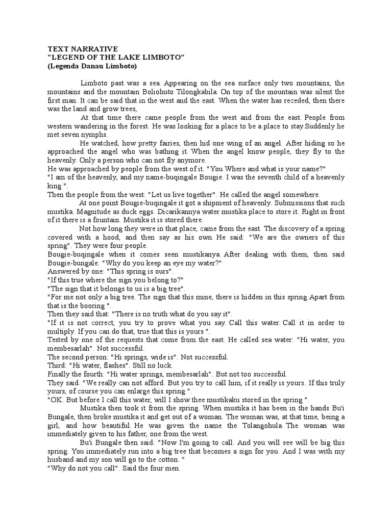 Text Narrative "Legend of The Lake Limboto" (Legenda Danau Limboto) | PDF