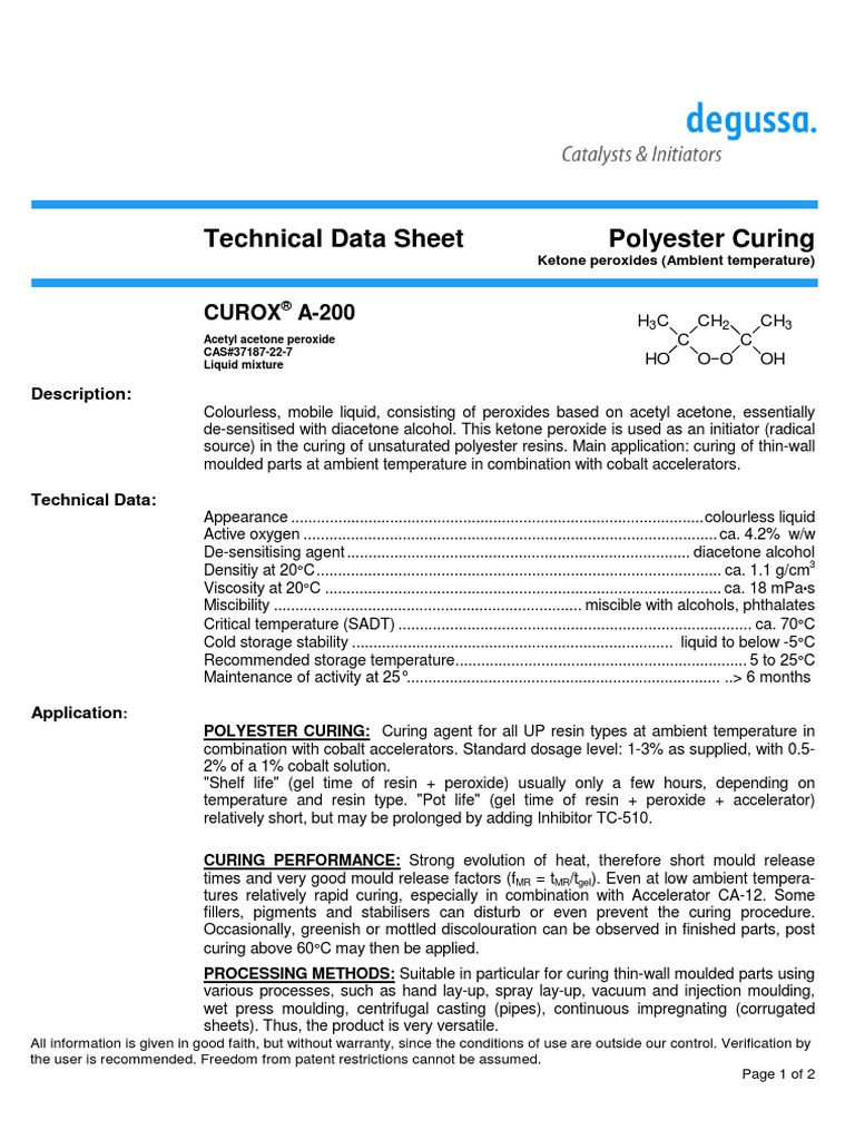Technical Data Sheet Polyester Curing: Curox A-200 | PDF | Fiberglass ...