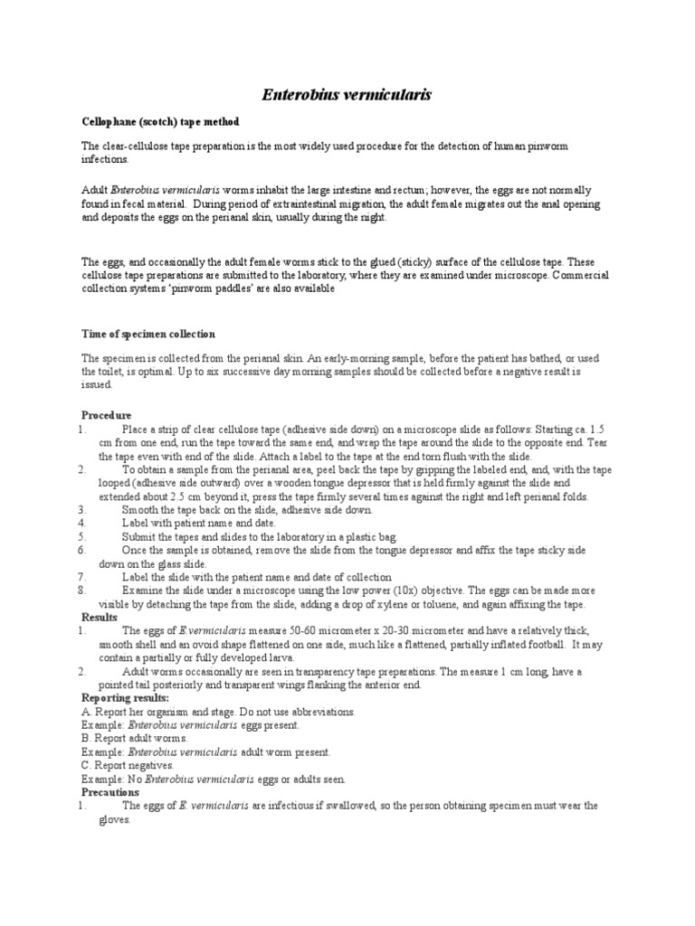 Enterobius Vermicularis: Cellophane (Scotch) Tape Method | PDF ...