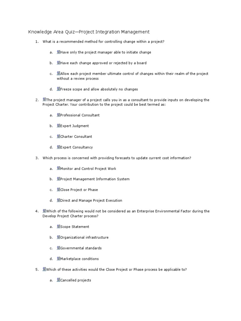 Knowledge Area Quiz-Project Integration Management | PDF | Project ...