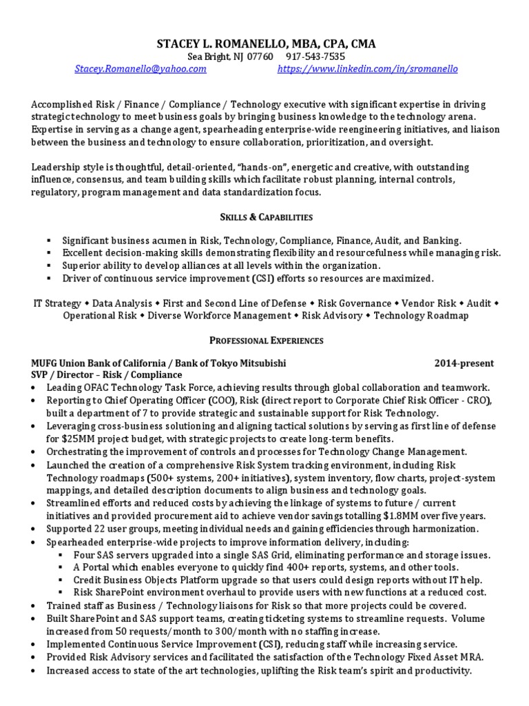 Chief Information Officer Risk Management in Manhattan NY Resume Stacey ...