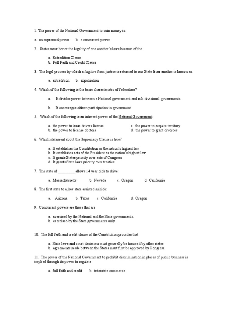 AP Gov - Federalism - Practice Test | PDF | U.S. State | Full Faith And ...