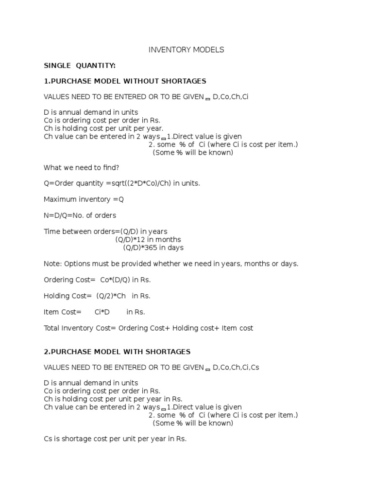 Inventory Models: Single Quantity: 1.purchase Model Without Shortages ...