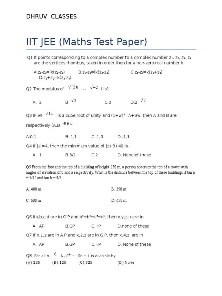 IIT JEE (Maths Test Paper) : Dhruv Classes | PDF | Complex Number ...