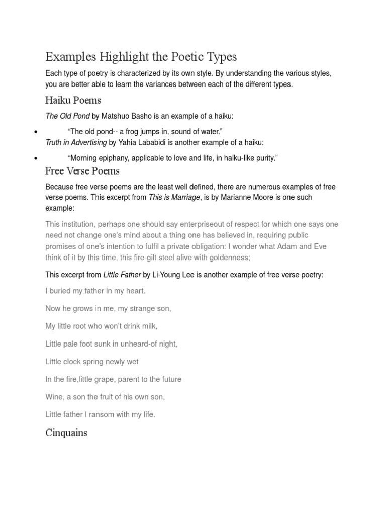 Examples Highlight the Poetic Types: Haiku Poems | Sonnets | Poetic Form