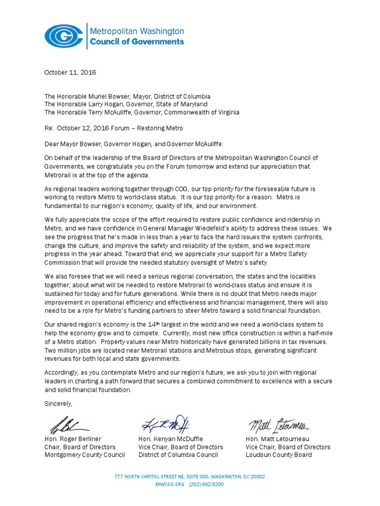 MWCOG To Executives | PDF | Washington Metro | Washington