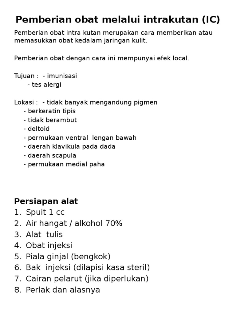 Pemberian Obat Melalui Intrakutan (IC) Powerpoint | PDF | Kesehatan ...