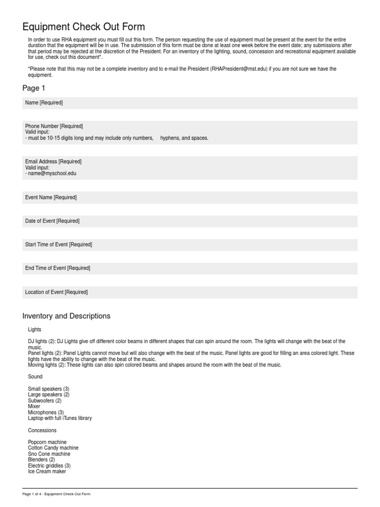 Form Equipment Check Out Form | PDF