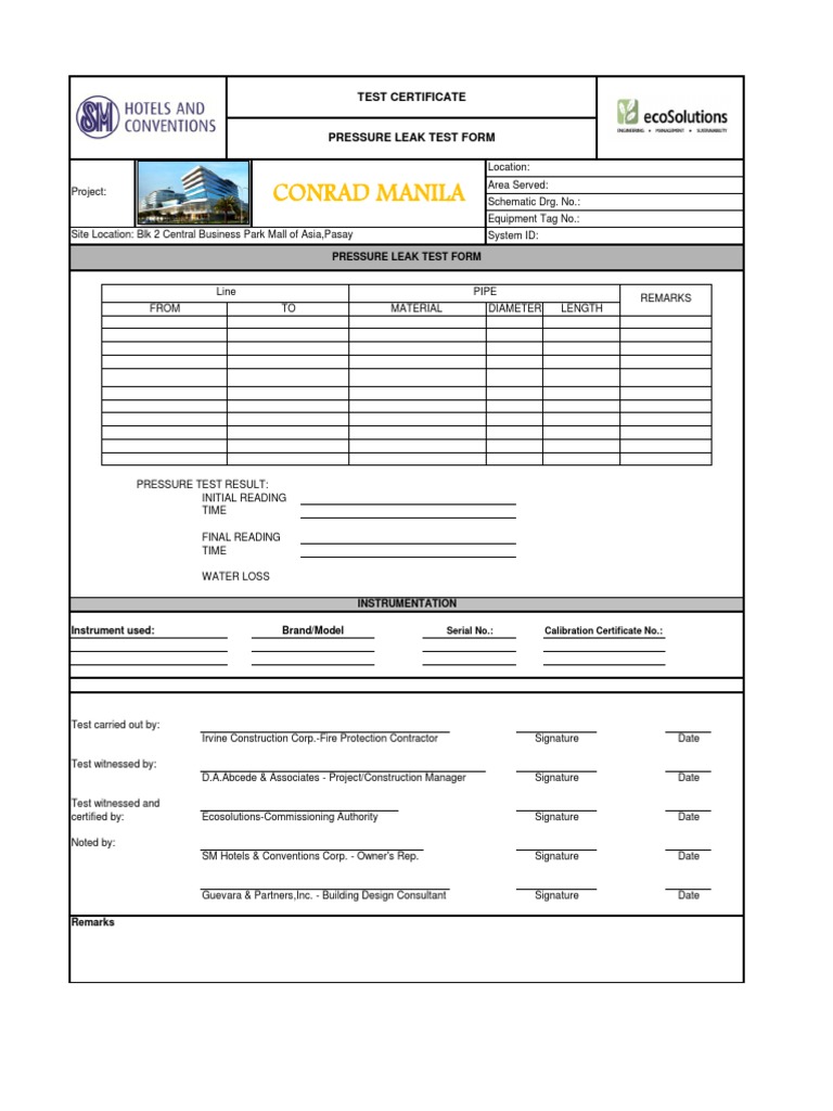Conrad Manila: Pressure Leak Test Form | PDF