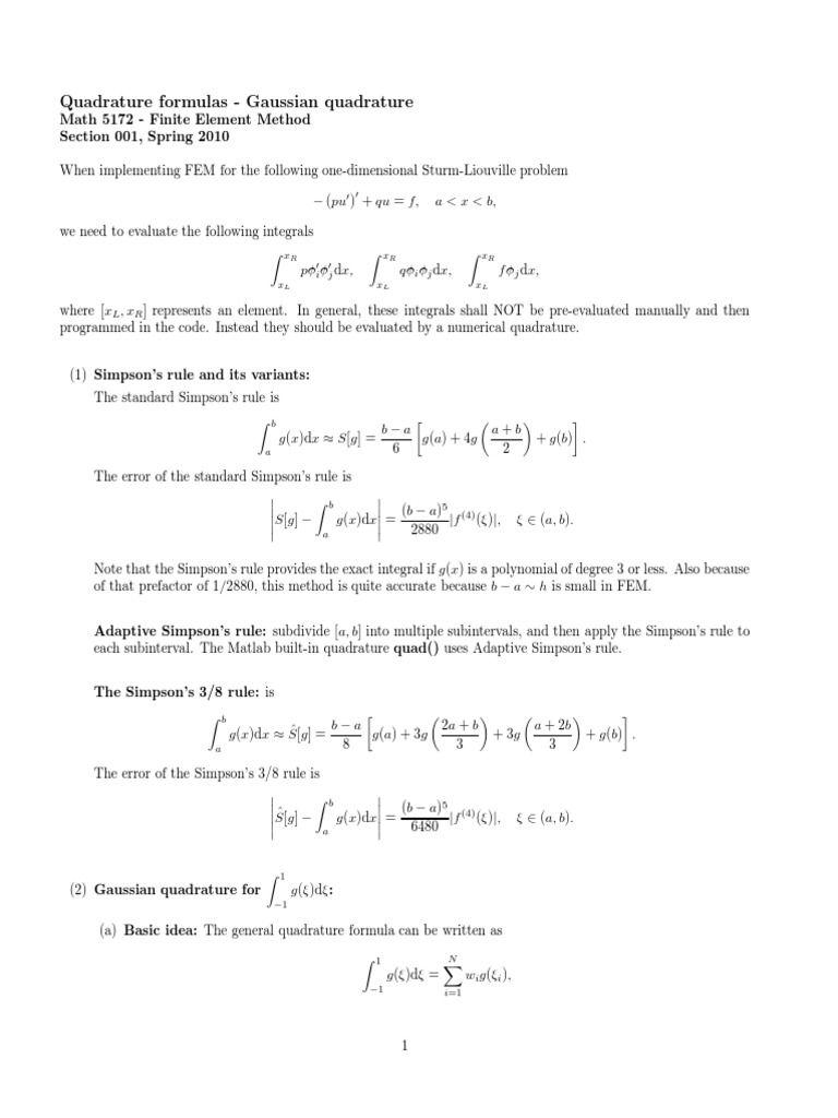 Quadrature Formulas - Gaussian Quadrature: Math 5172 - Finite Element ...