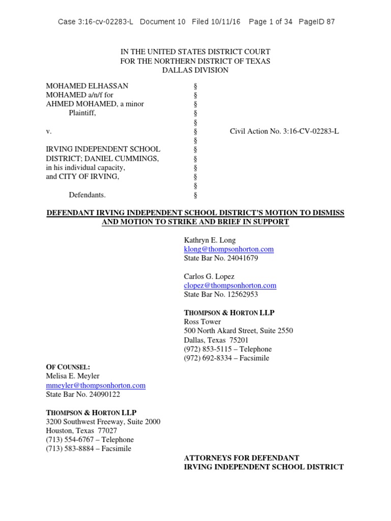 Defendant Irving Independent School District's Motion To Dismiss and ...