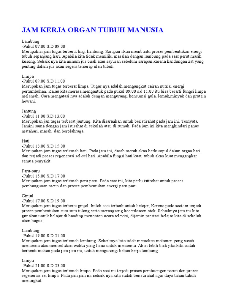 Jam Kerja Organ Tubuh Manusia | PDF