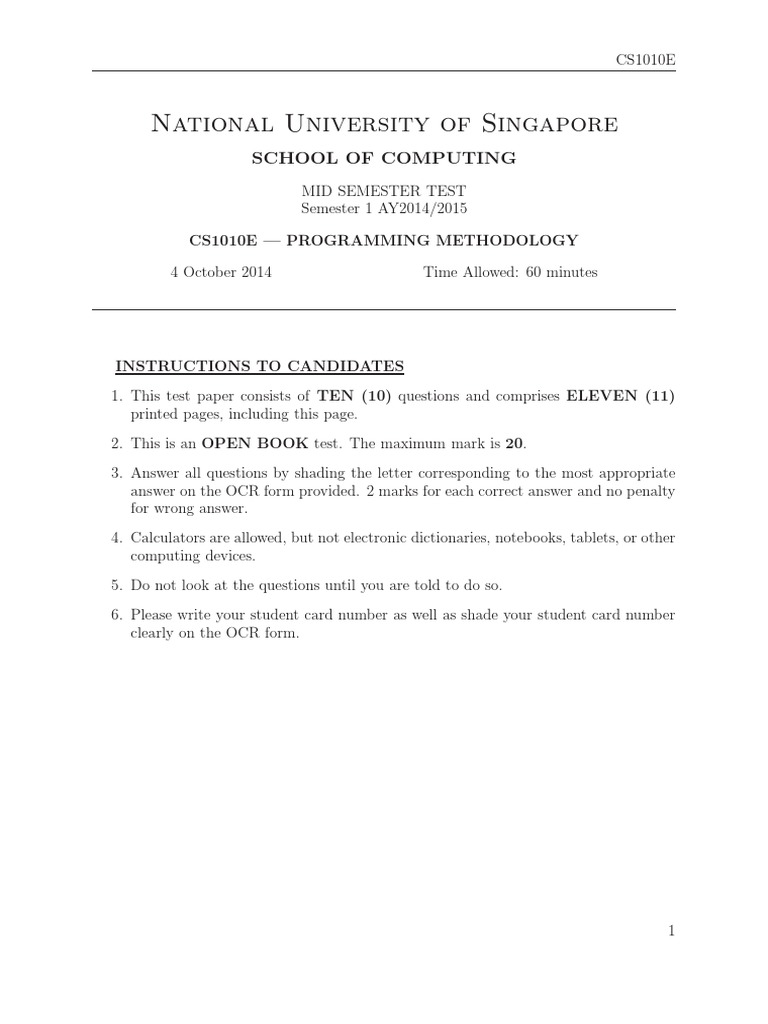 Cs1010e Midterm 2014 | PDF | Integer (Computer Science) | Computing
